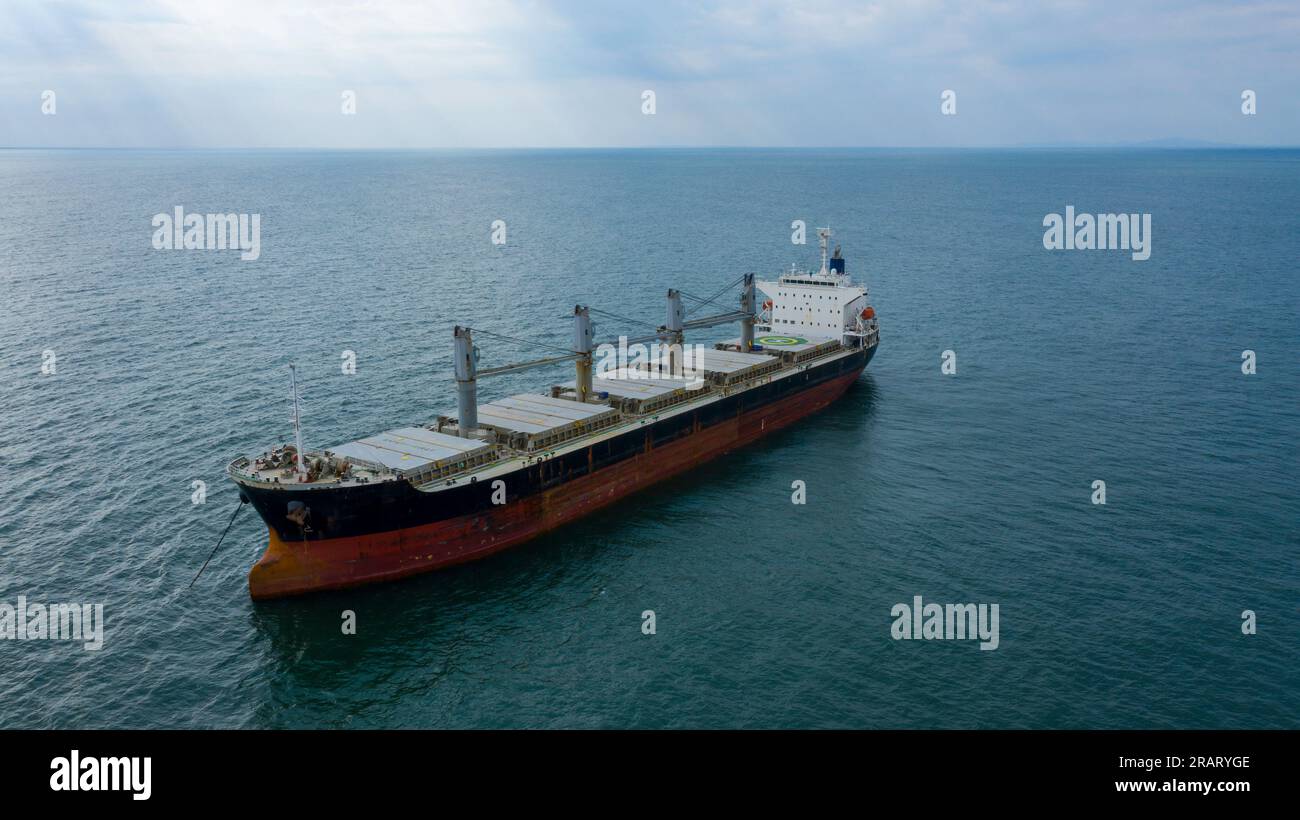 Self-unloading bulk carrier at Rio De La Plata anchorage. Aerial front ...