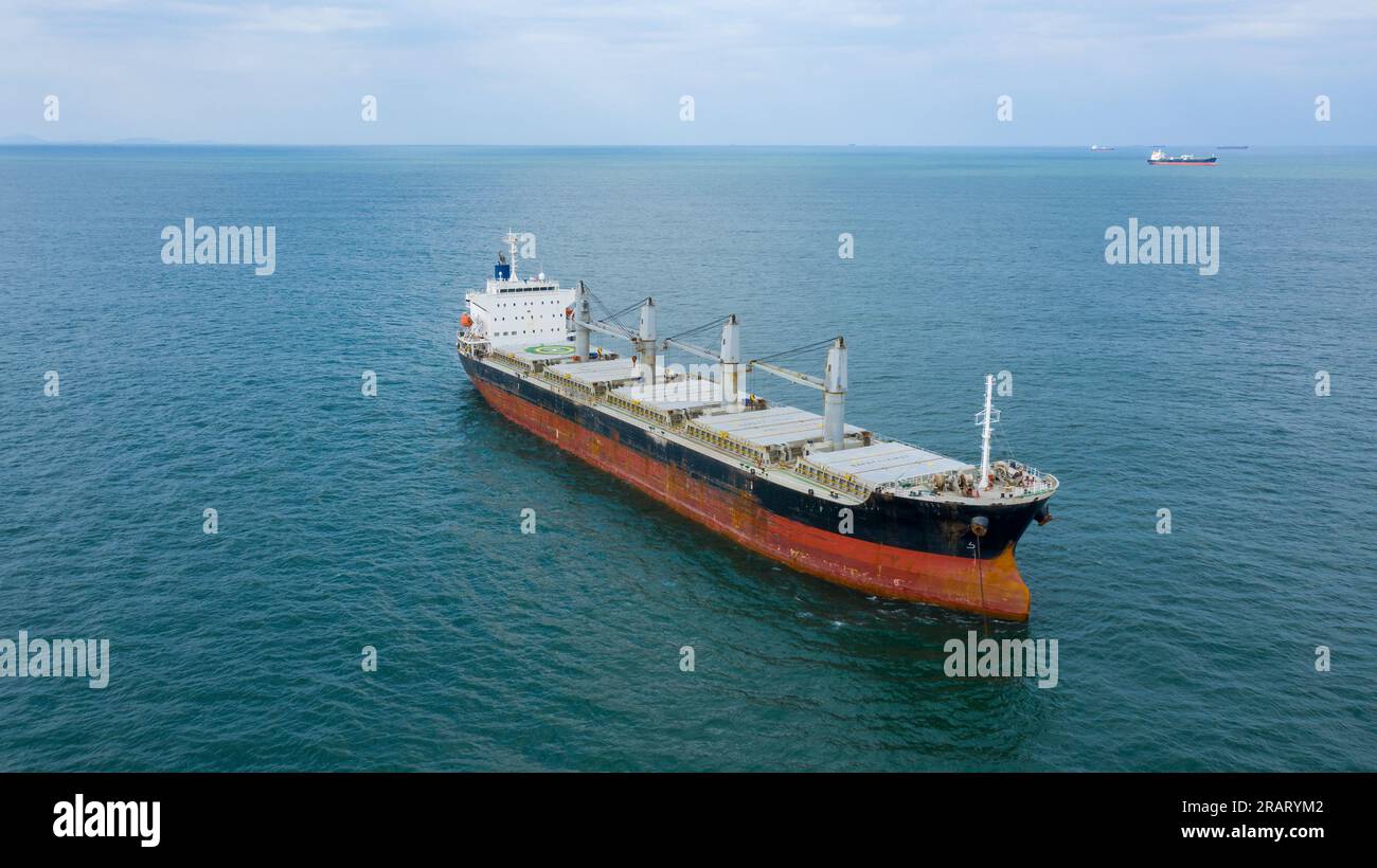 Self-unloading bulk carrier at Rio De La Plata anchorage. Aerial front ...