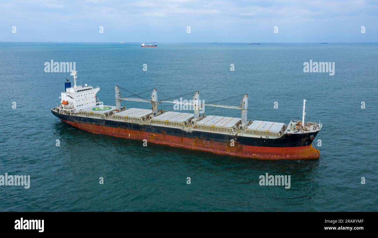 Self-unloading bulk carrier at Rio De La Plata anchorage. Aerial side ...