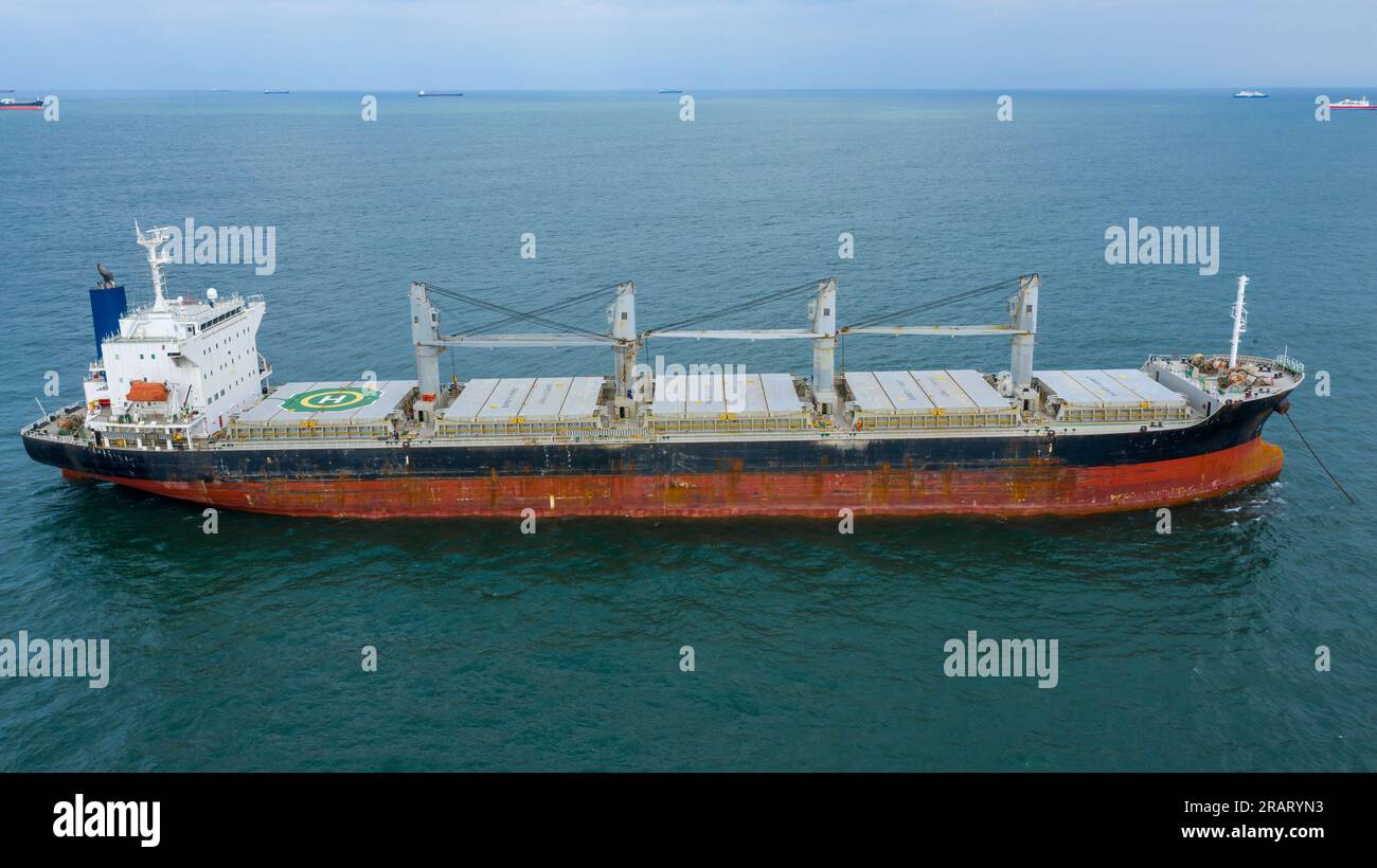 Self-unloading bulk carrier at Rio De La Plata anchorage. Aerial side ...