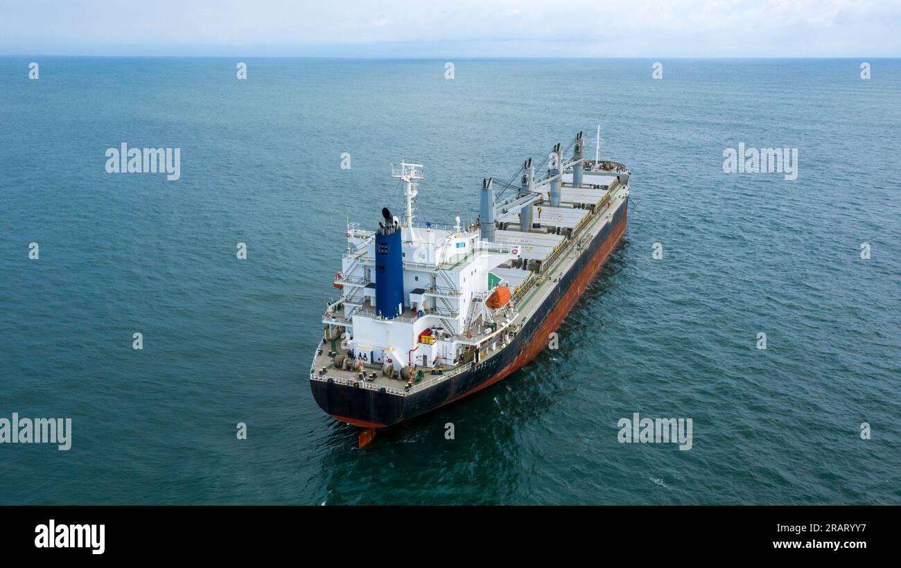 Self-unloading bulk carrier at Rio De La Plata anchorage. Aerial stern ...