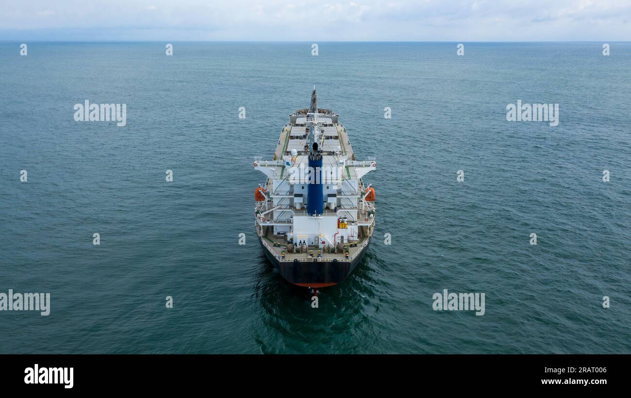 Self-unloading bulk carrier at Rio De La Plata anchorage. Aerial stern ...