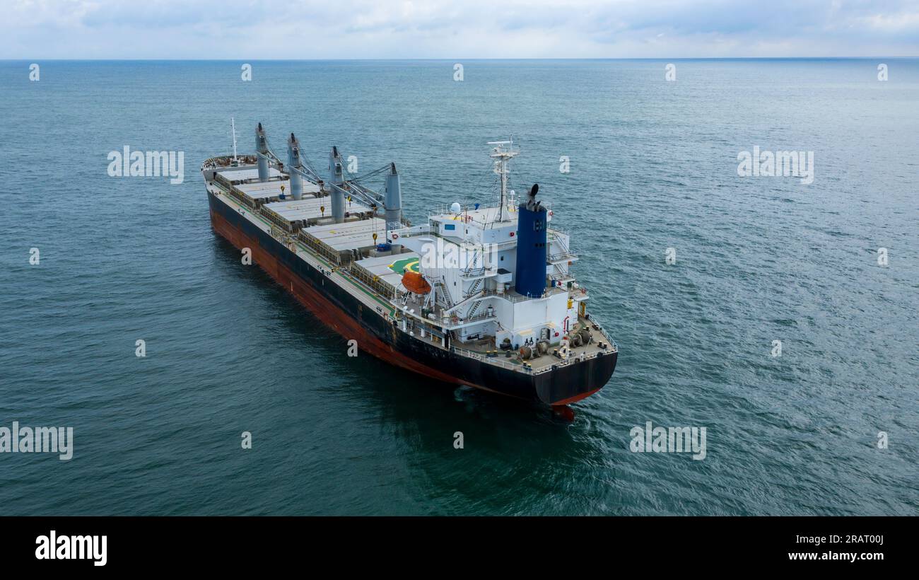 Self-unloading bulk carrier at Rio De La Plata anchorage. Aerial stern ...