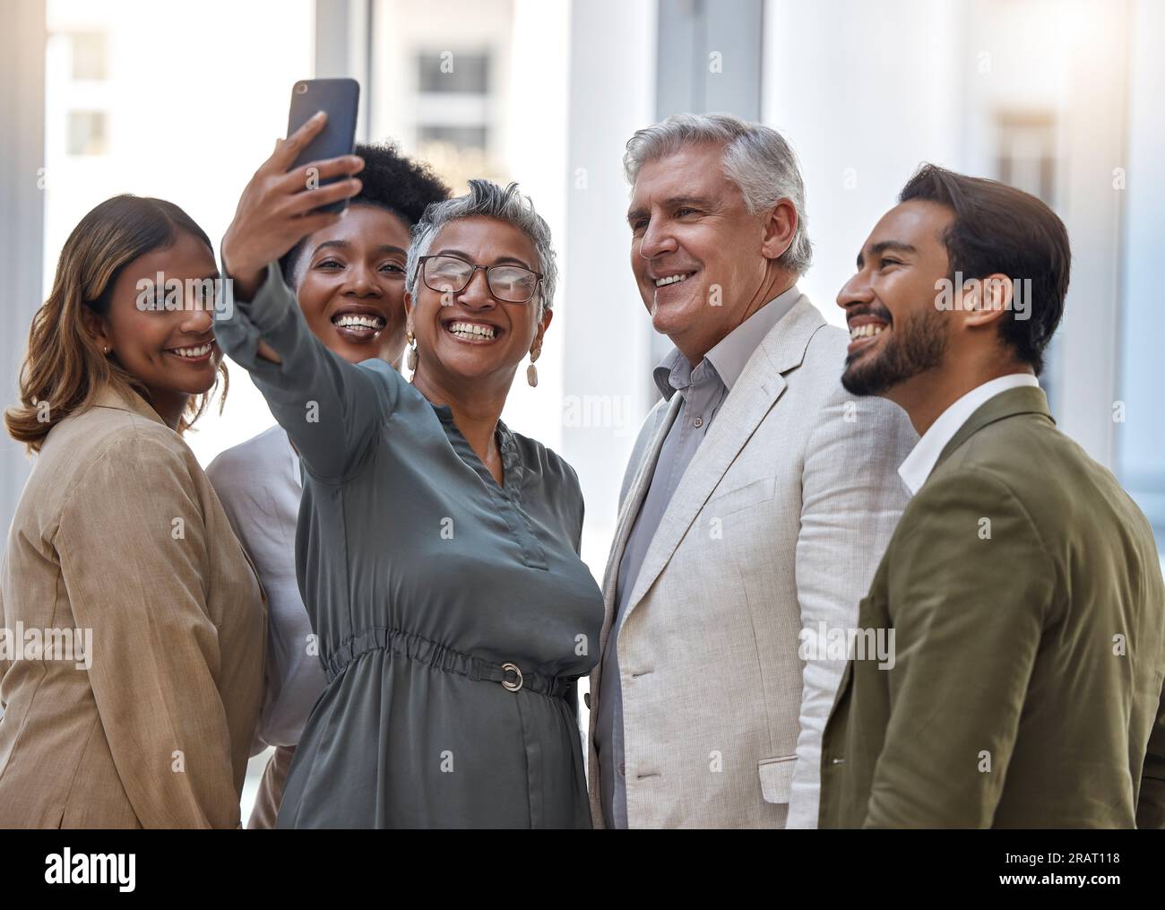 Happy, business people and selfie in team building with smile for photo ...