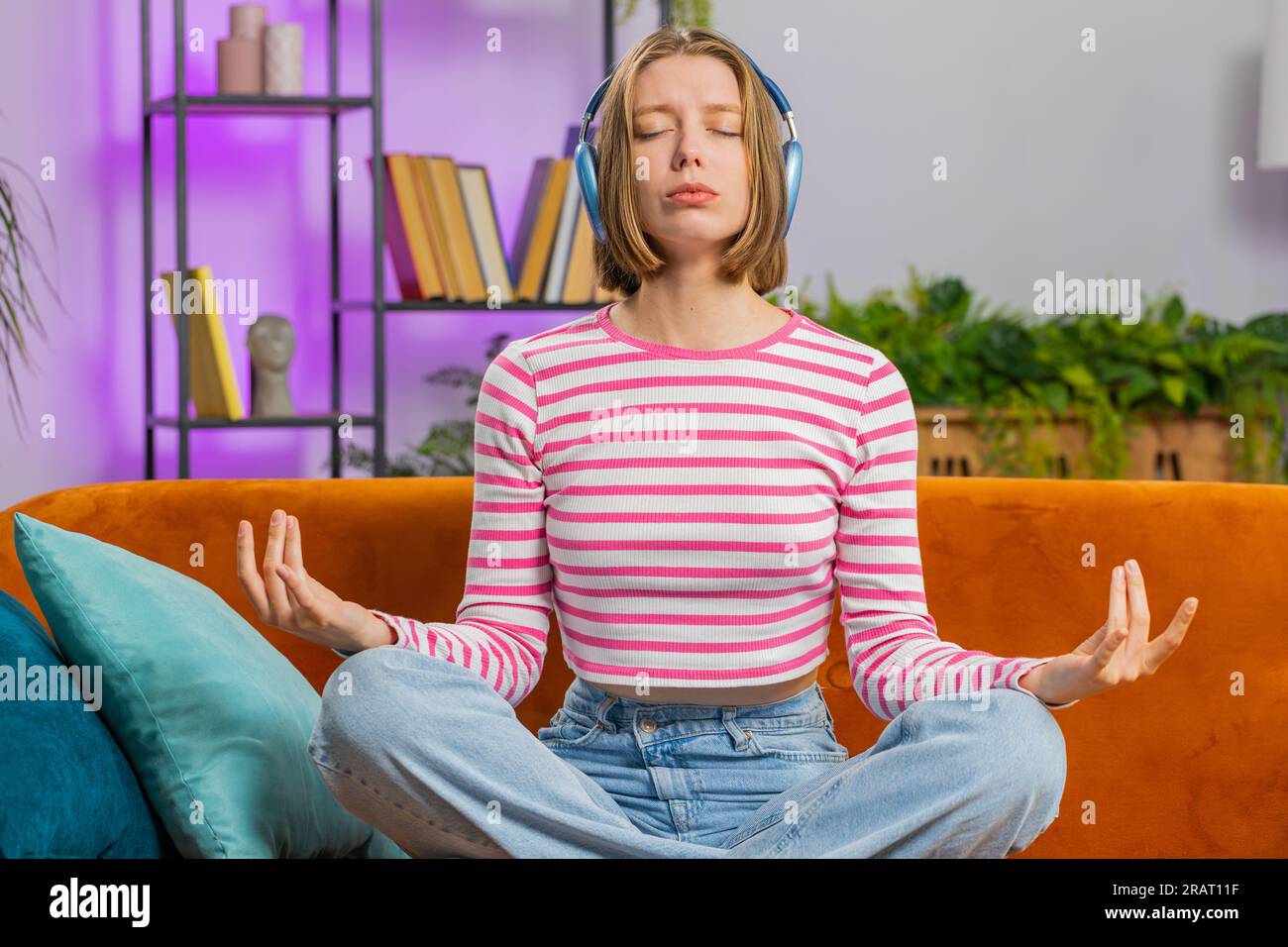 Keep calm down, relax, inner balance. Brunette woman breathes deeply ...
