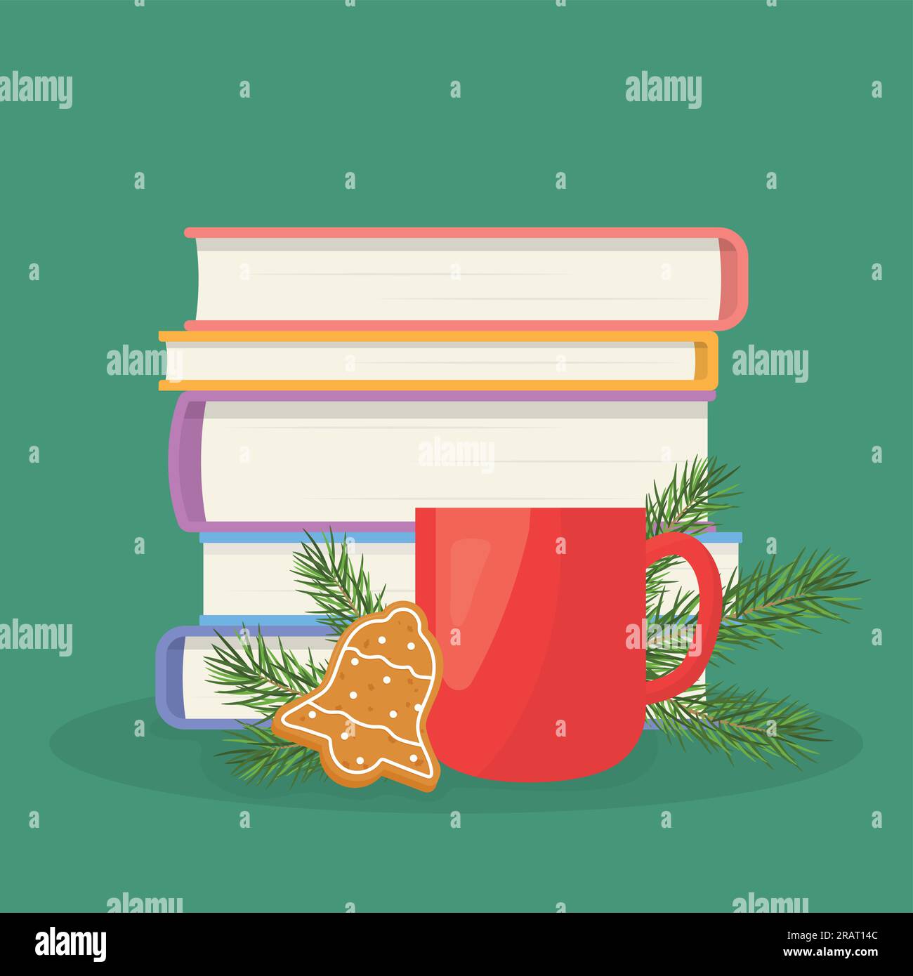 pile of books, coffee cup, gingerbread cookie and fir tree twigs, books ...