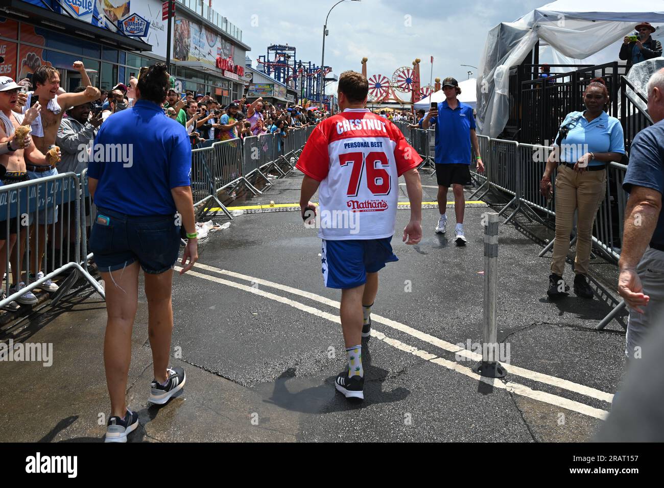 Professional competitive eater Joey Chestnut greets the crowd at the ...
