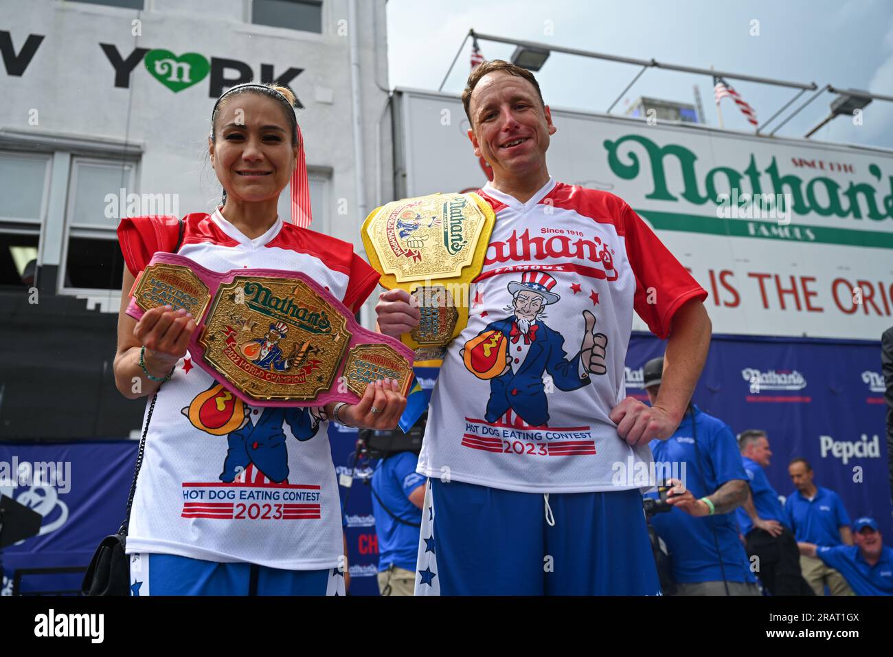Professional competitive eaters Miki Sudo and Joey Chestnut at the ...