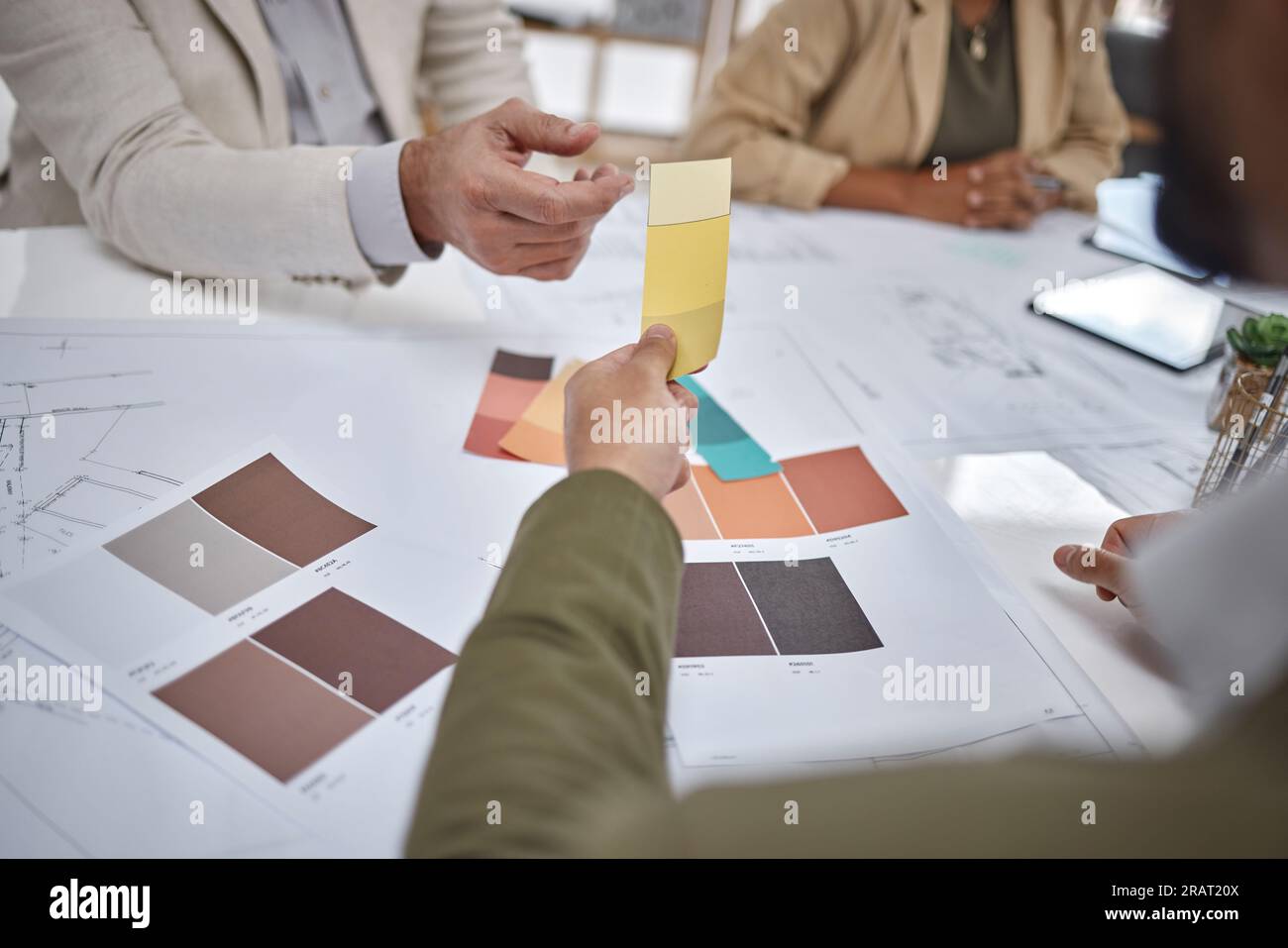 Creative, color sample and team in a meeting for an interior design ...