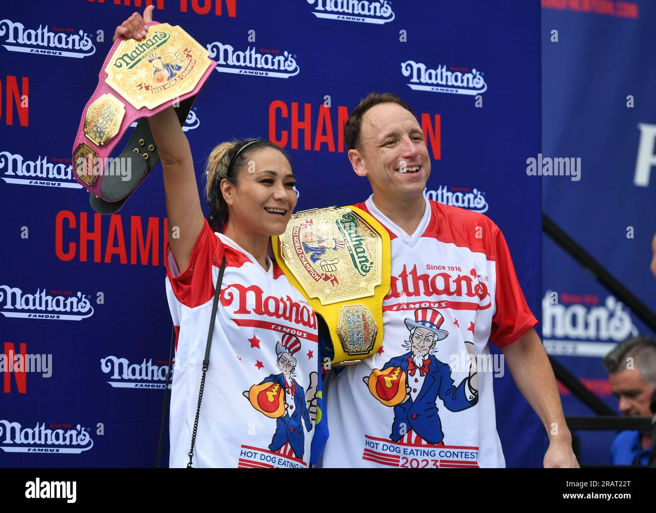 Professional competitive eaters Miki Sudo and Joey Chestnut at the ...