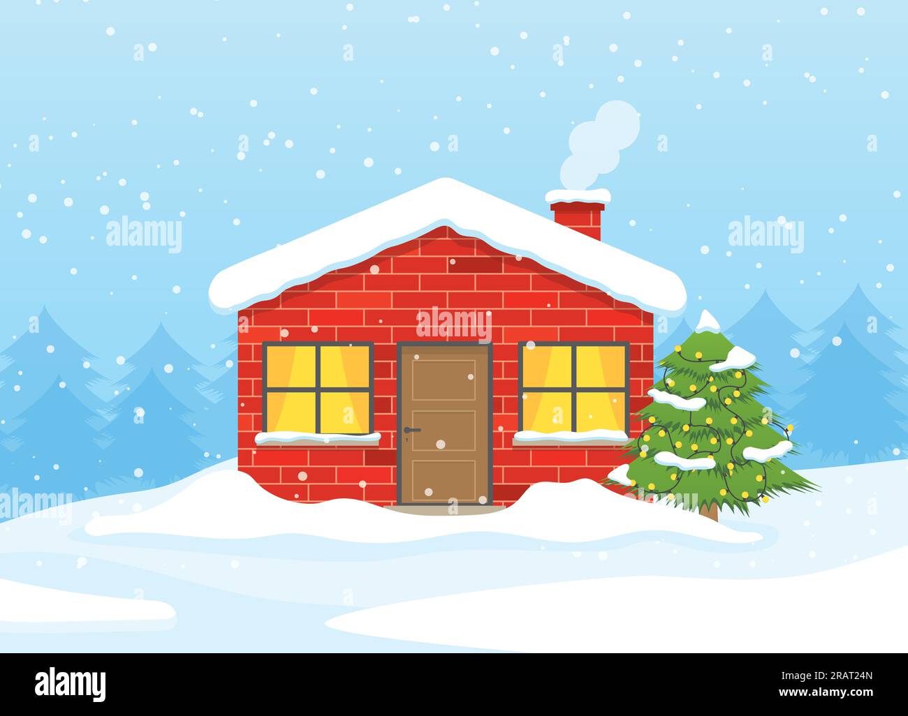 winter, christmas scenery with brick house and christmas tree covered ...