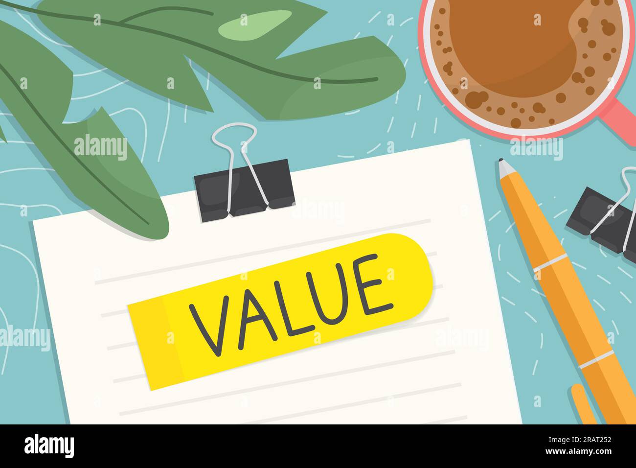 value word written on sticky note, top view composition with coffee cup ...