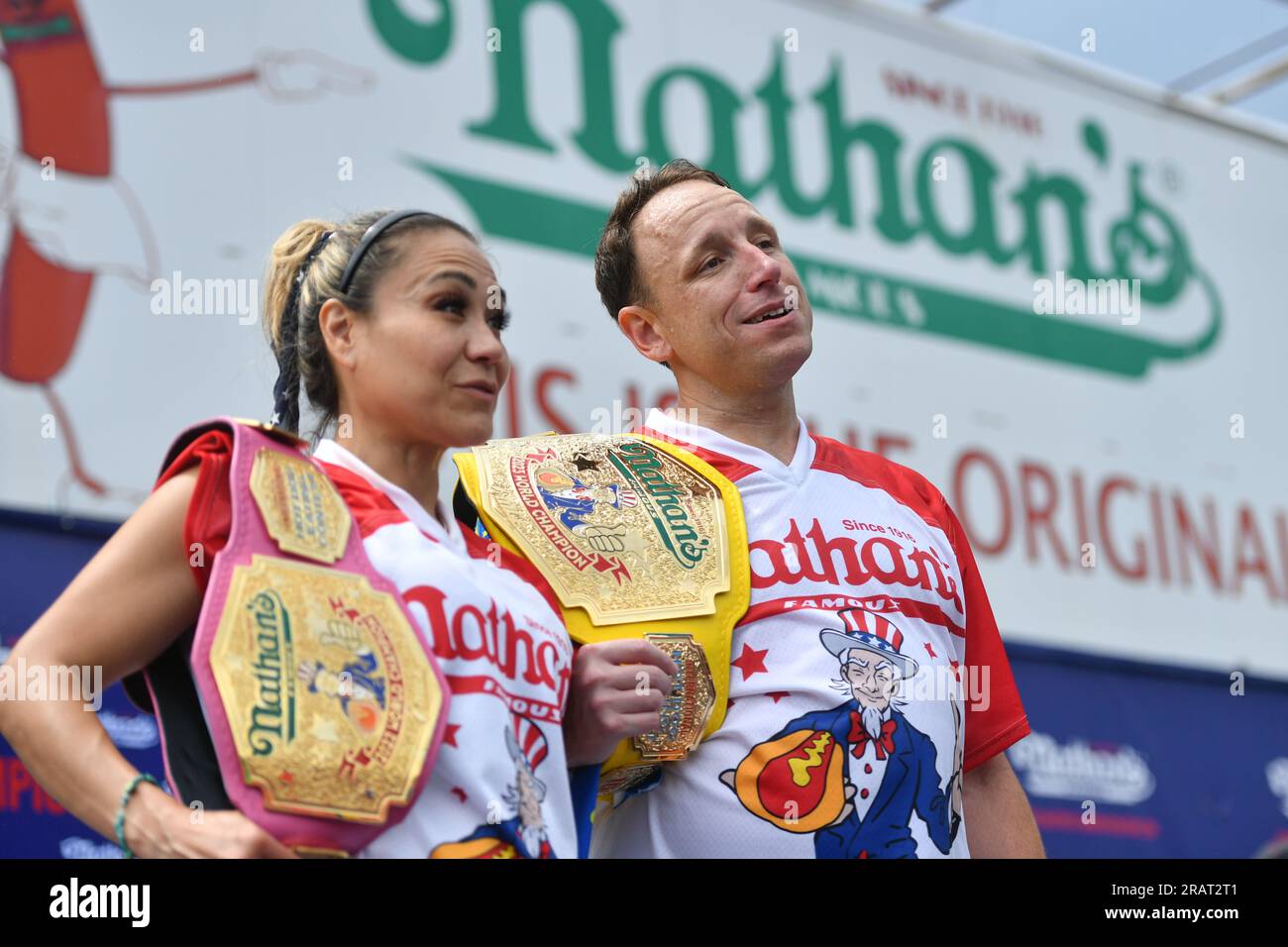 Professional competitive eaters Miki Sudo and Joey Chestnut at the ...