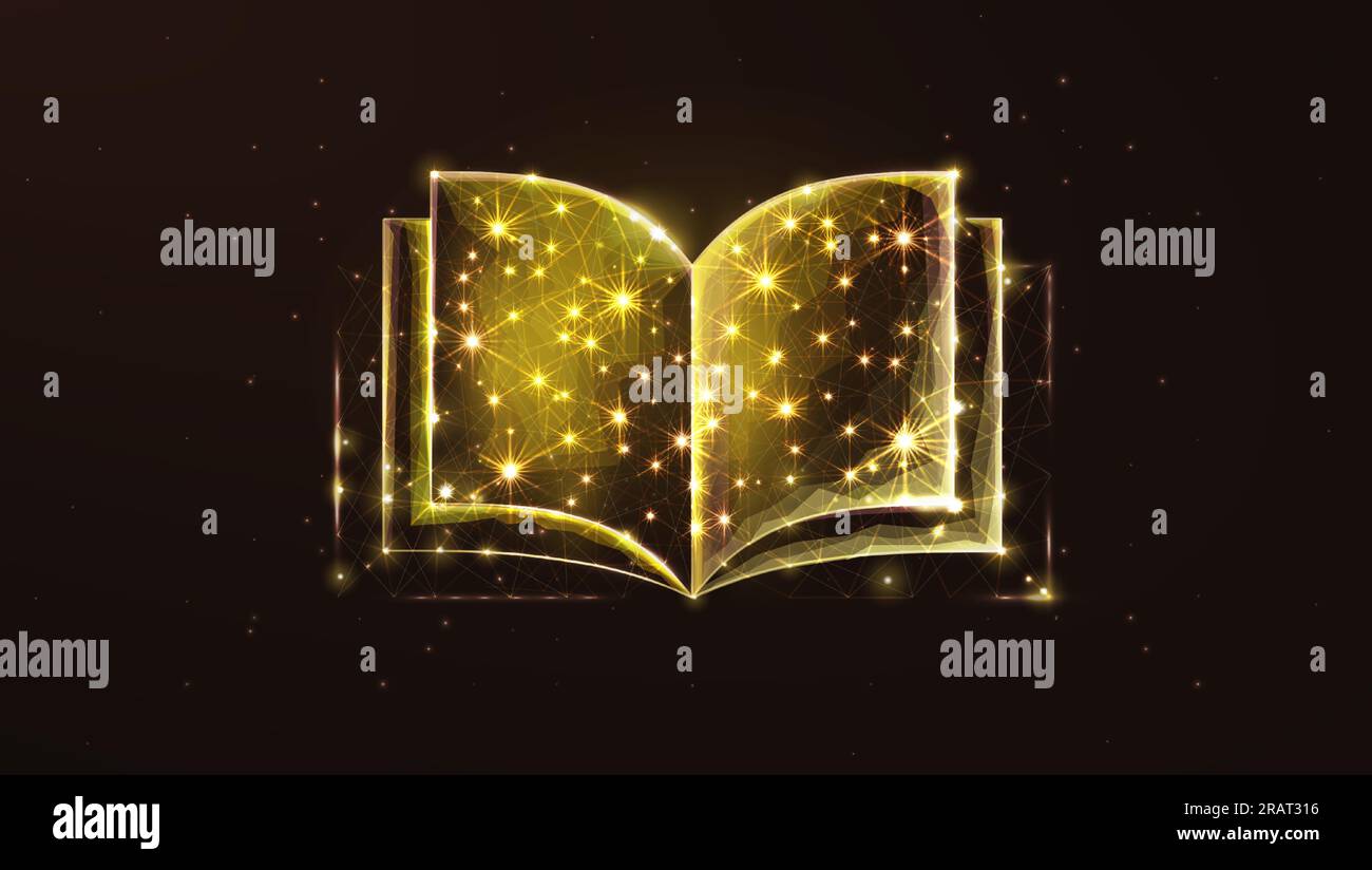 Abstract golden magic book with stars on a dark background. Magic or ...