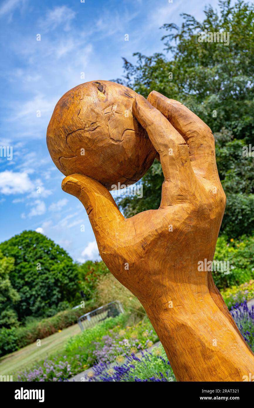 Wyndham Park, Grantham, Lincolnshire, UK. A wood hard carved sculpture ...