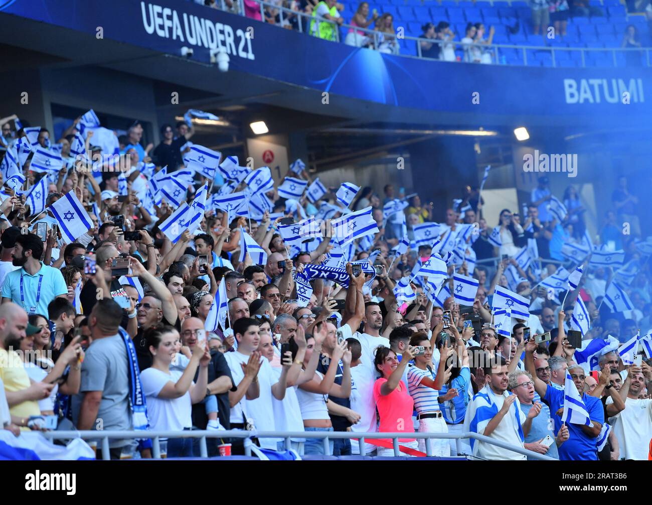 Israel fans wave flags during the Euro Under-21 Championship, semi ...