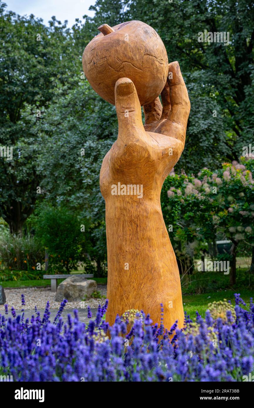 Wyndham Park, Grantham, Lincolnshire, UK. A wood hard carved sculpture ...