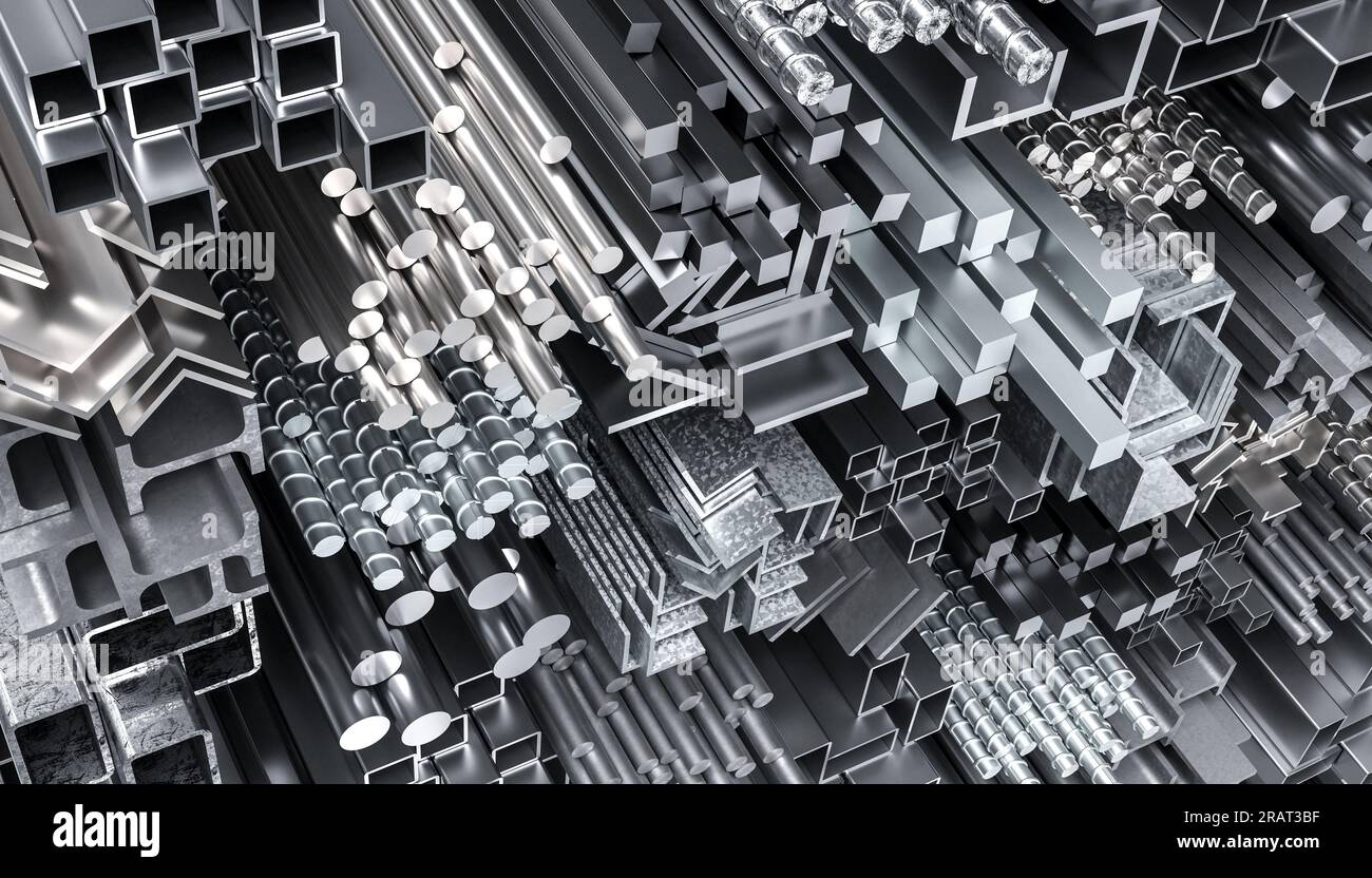 metal bars and profiles of different shapes, manufacturing industry. 3d ...