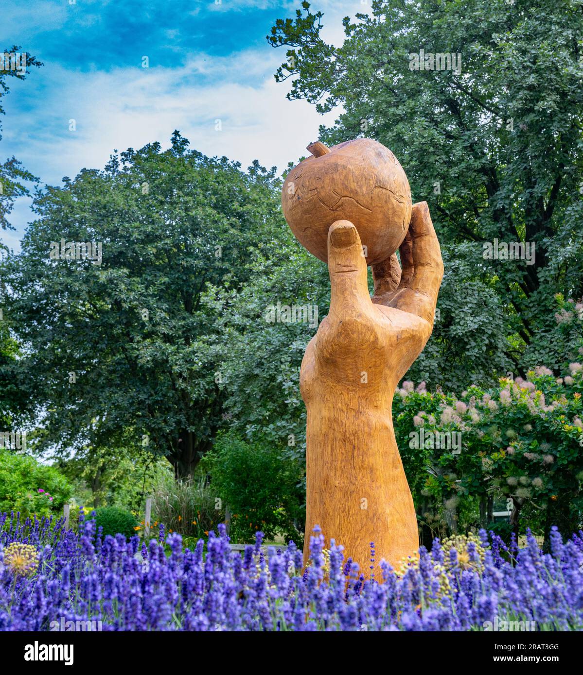 Wyndham Park, Grantham, Lincolnshire, UK. A wood hard carved sculpture ...