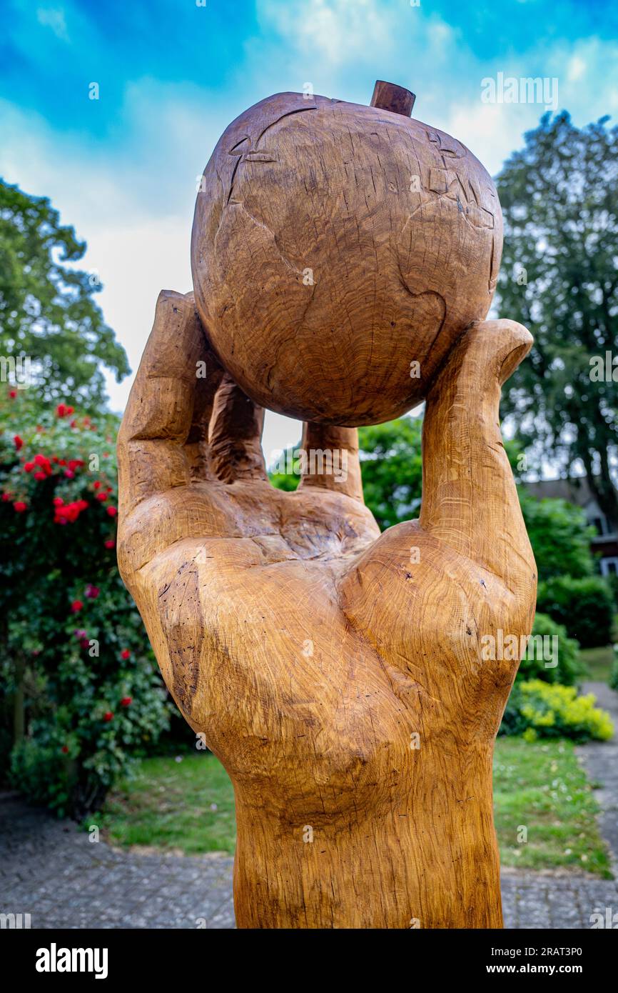 Wyndham Park, Grantham, Lincolnshire, UK. A wood hard carved sculpture ...