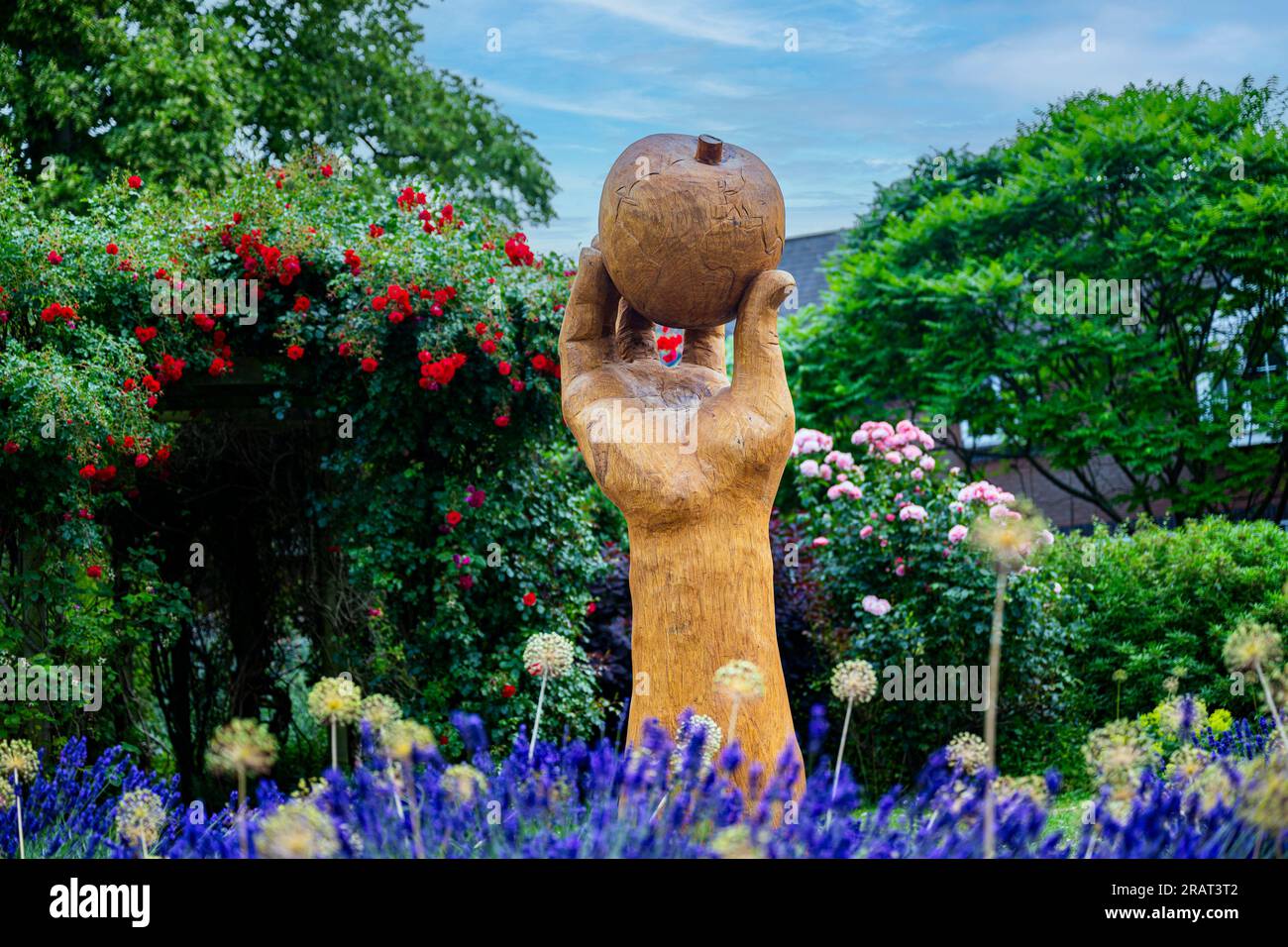 Wyndham Park, Grantham, Lincolnshire, UK. A wood hard carved sculpture ...