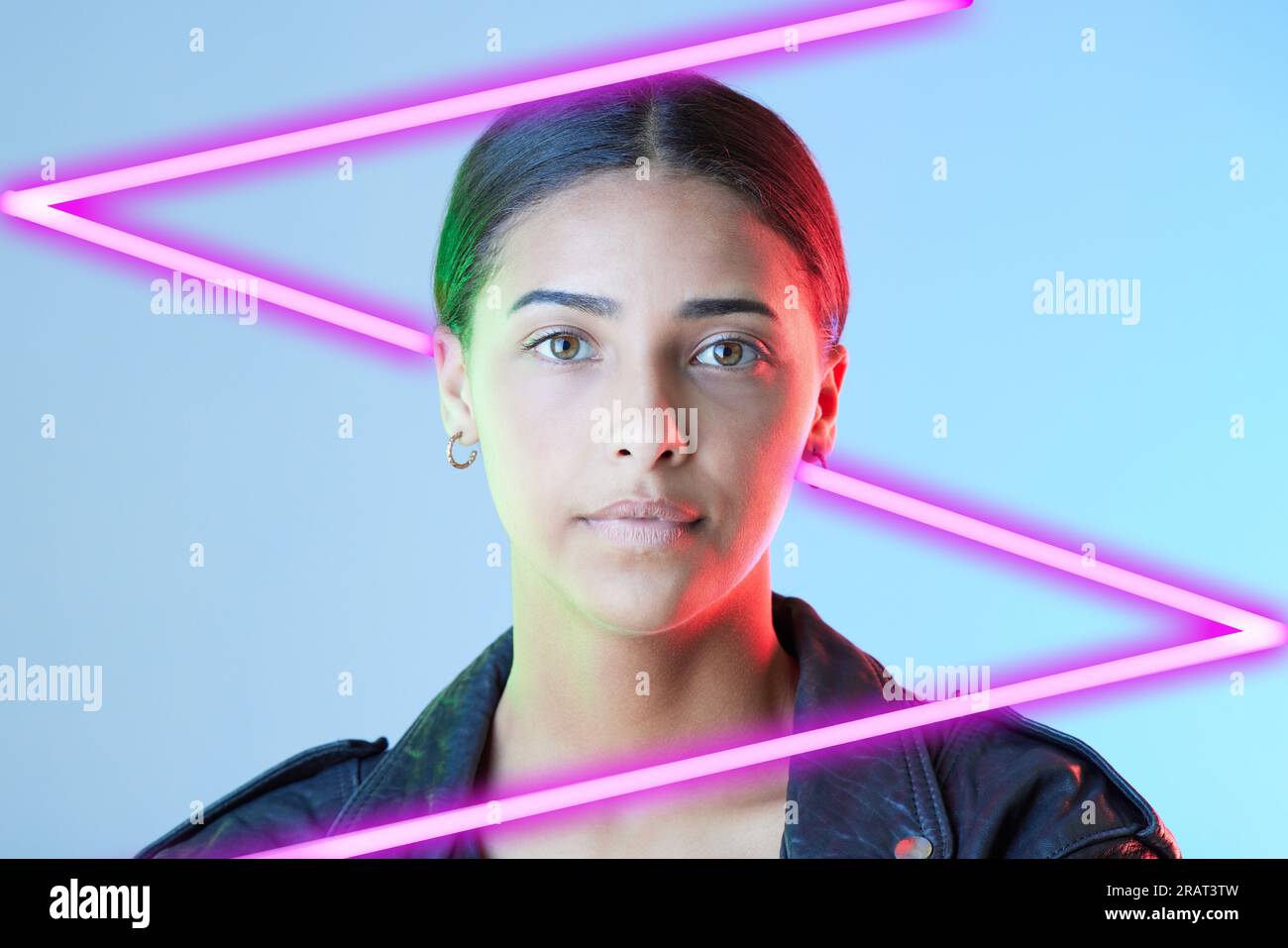 Neon, digital art and portrait of woman in studio for cyberpunk ...