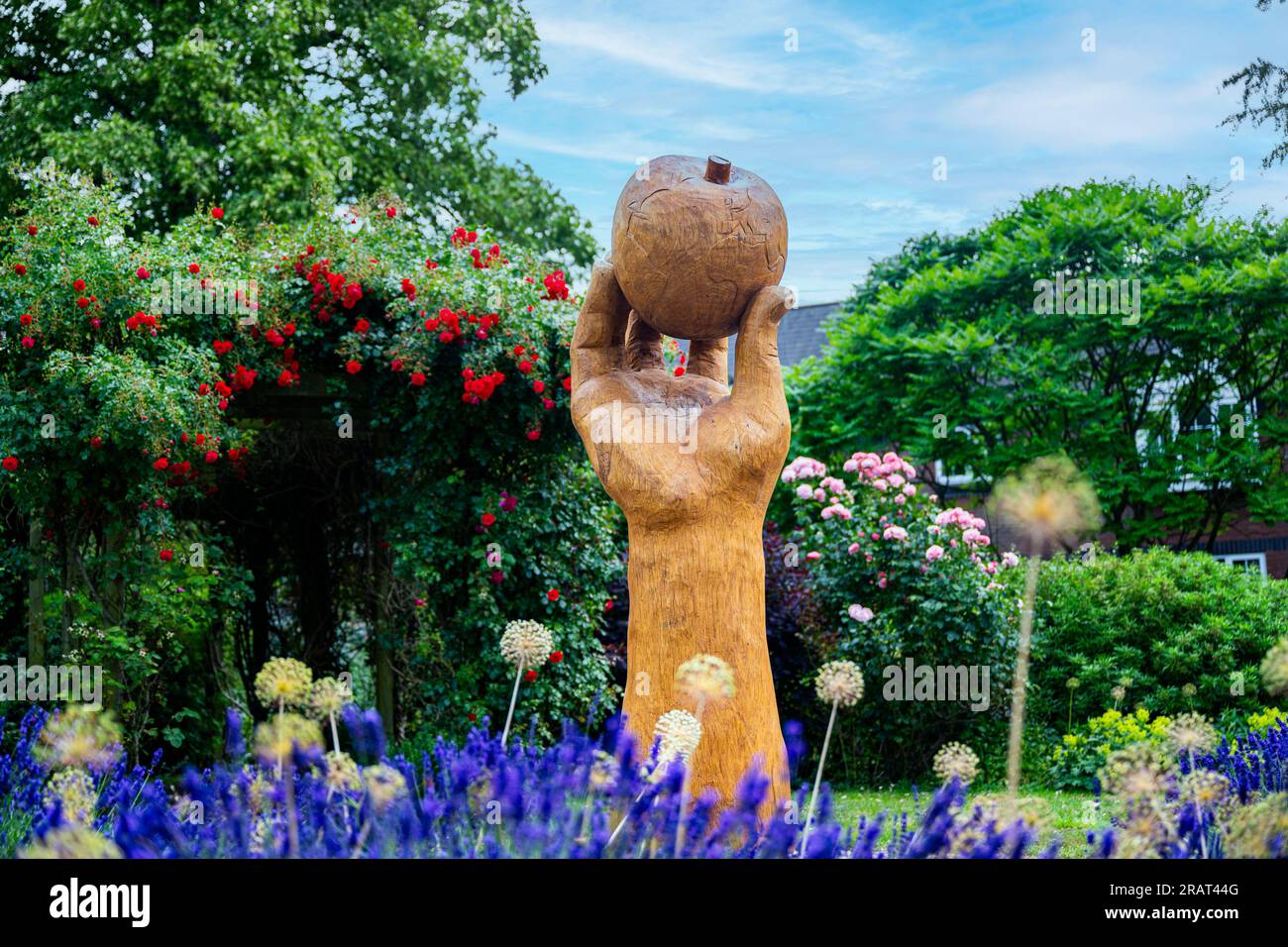Wyndham Park, Grantham, Lincolnshire, UK. A wood hard carved sculpture ...