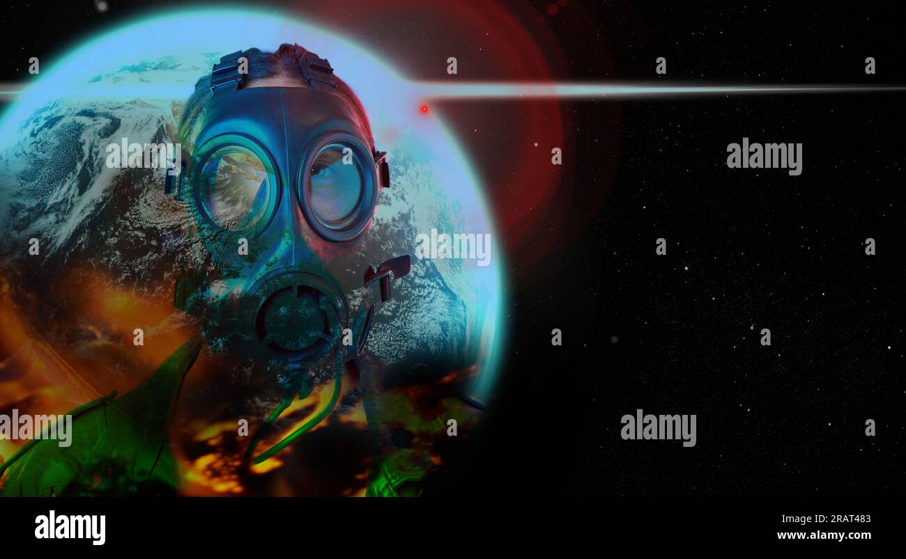 gas mask, earth and pollution in air, space and planet in apocalypse ...