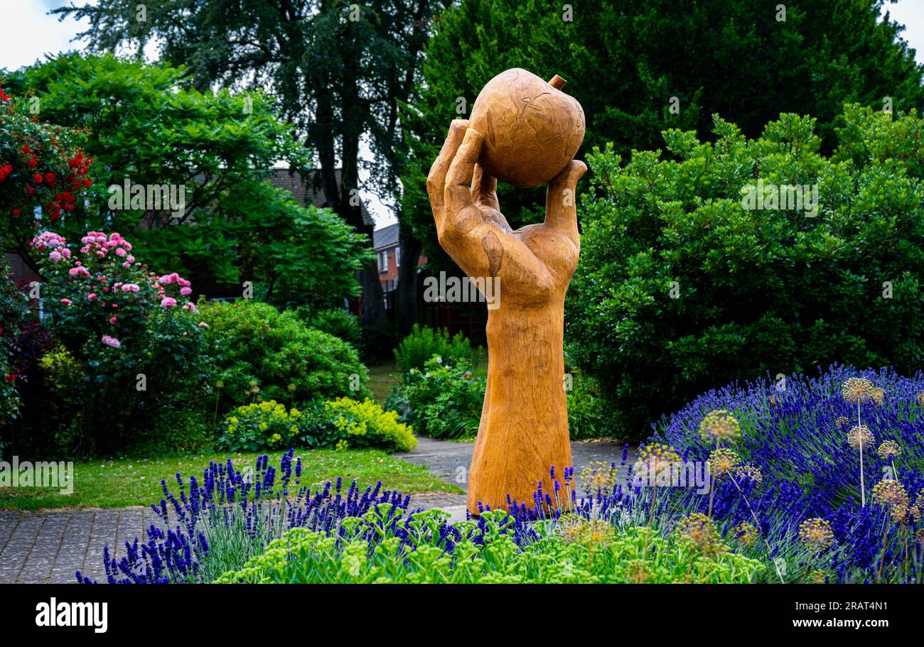 Wyndham Park, Grantham, Lincolnshire, UK. A wood hard carved sculpture ...