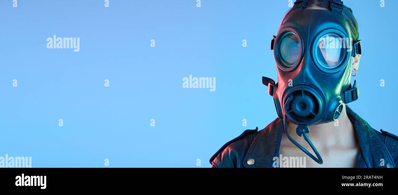 Mockup, safety and woman with a gas mask, breathing equipment and girl ...