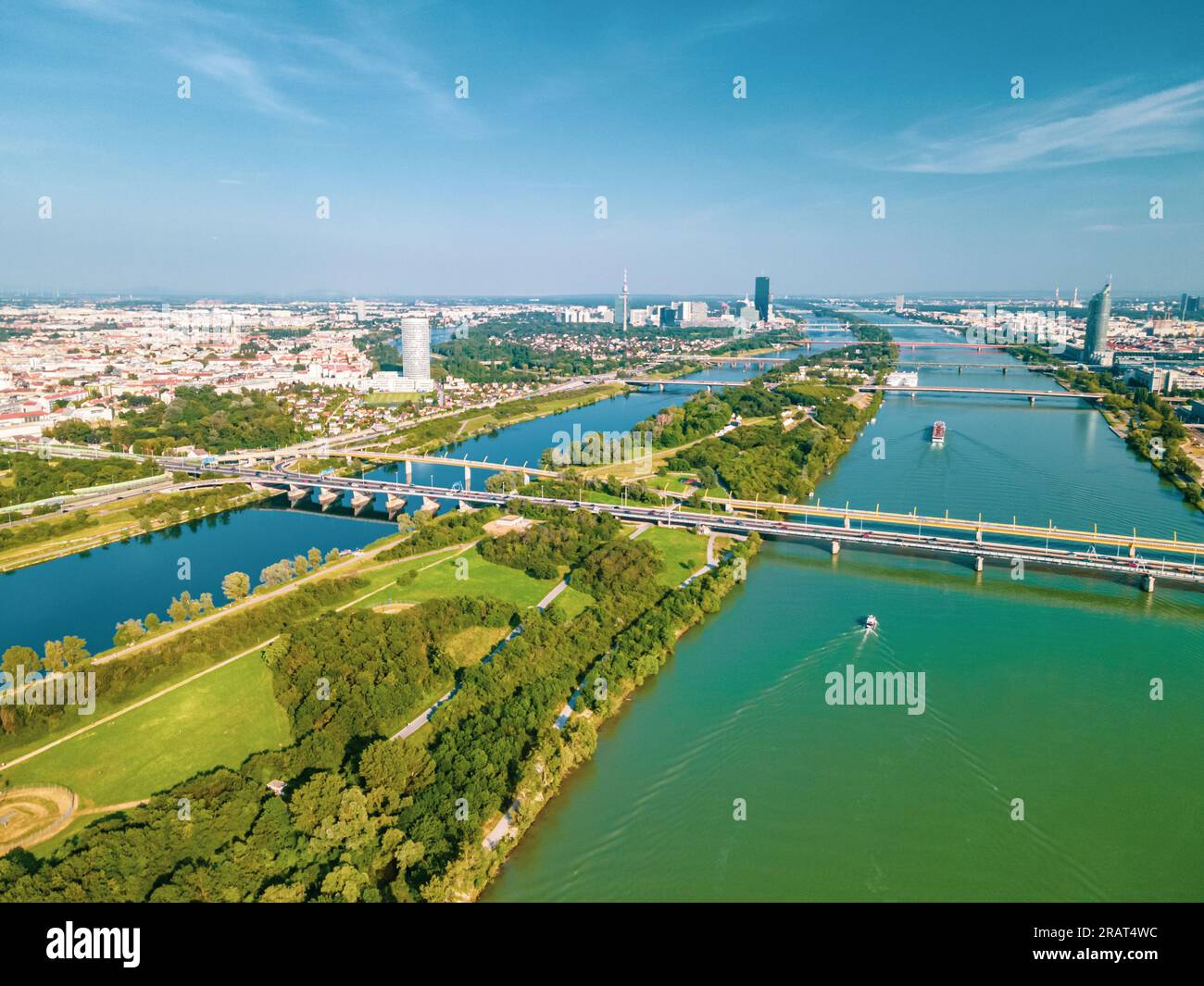 Aerial drone view of Danube river in Vienna Austria cityscape with ...