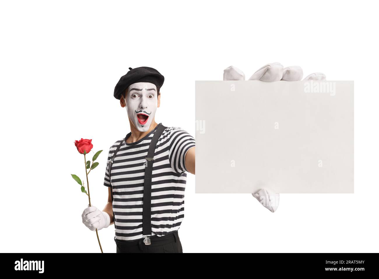 Mime holding a red rose and showing a blank card isolated on white ...