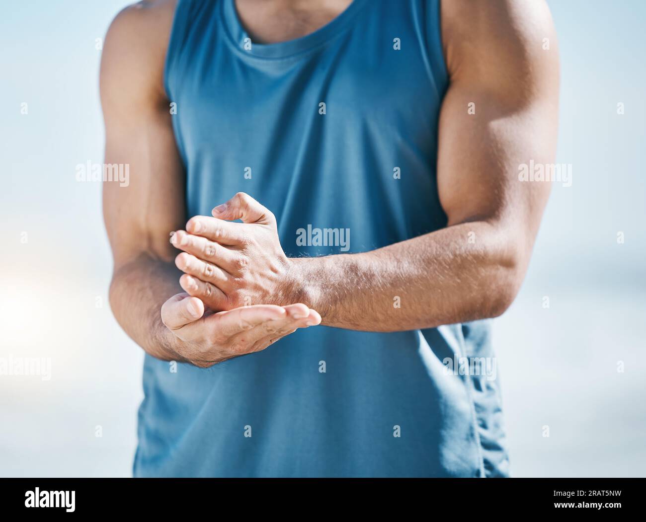 Hands, fitness and sign language with a sports man outdoor on a blurred ...