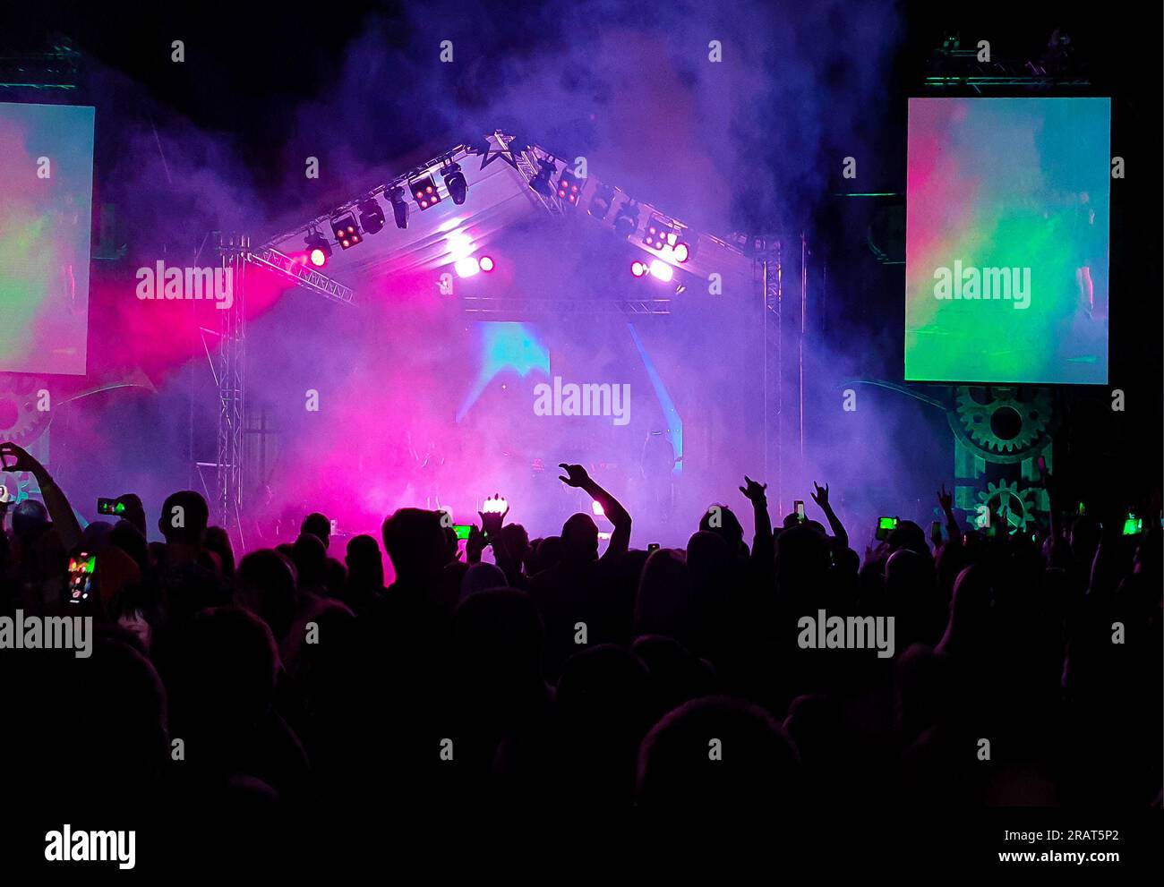 A crowd of fans at a concert under the spotlight. A scene with ...