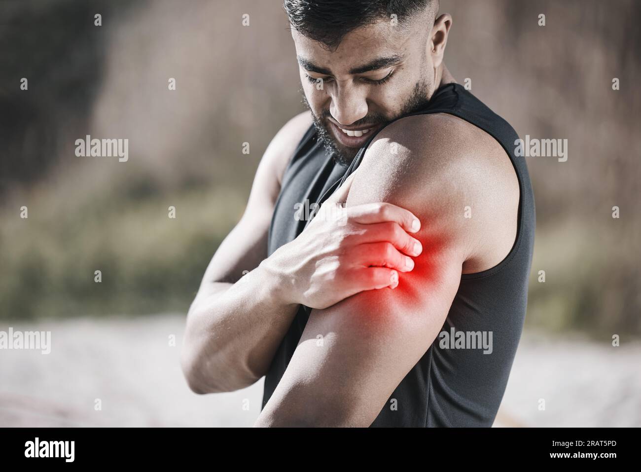 Man, shoulder pain and fitness, injury and red overlay, hurt and ...