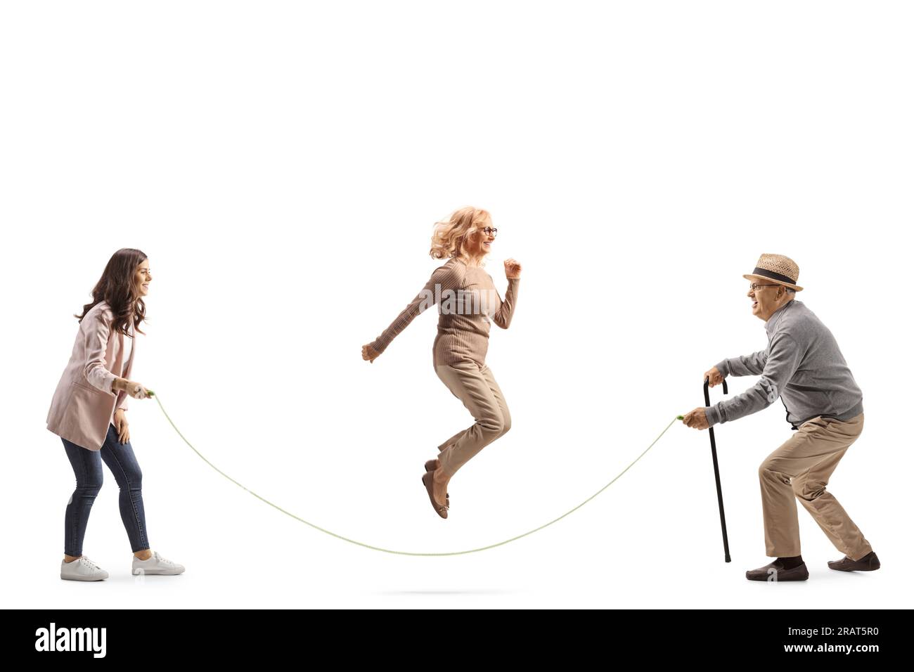 Elderly father playing skipping rope with his daughters isolated on ...