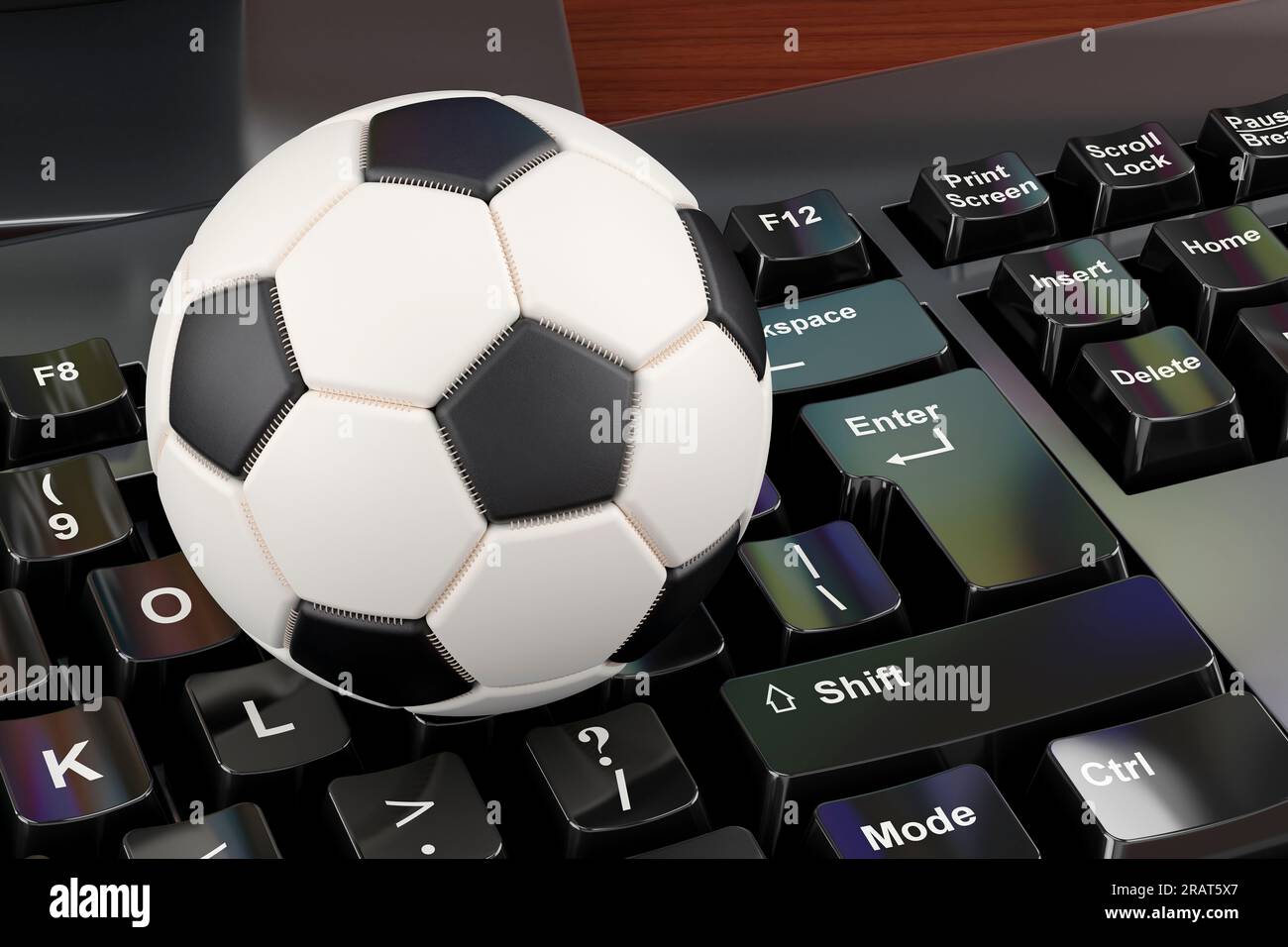 Soccer ball on the keyboard. Football, Video Game concept, 3D rendering ...