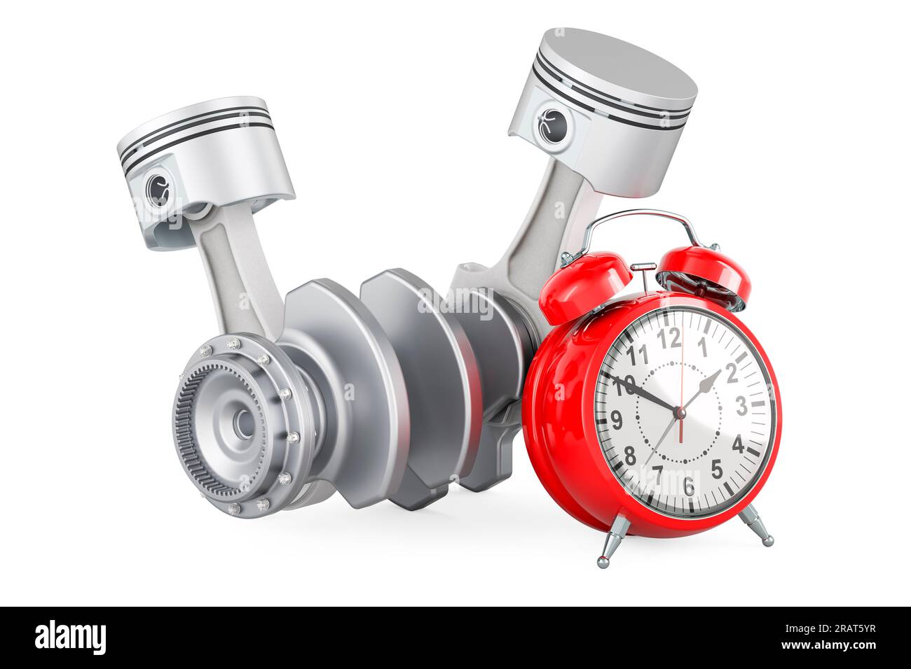 Engine pistons with alarm clock, 3D rendering isolated on white ...