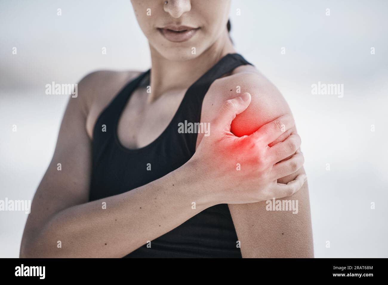 Woman, shoulder pain and fitness injury with red overlay, workout ...