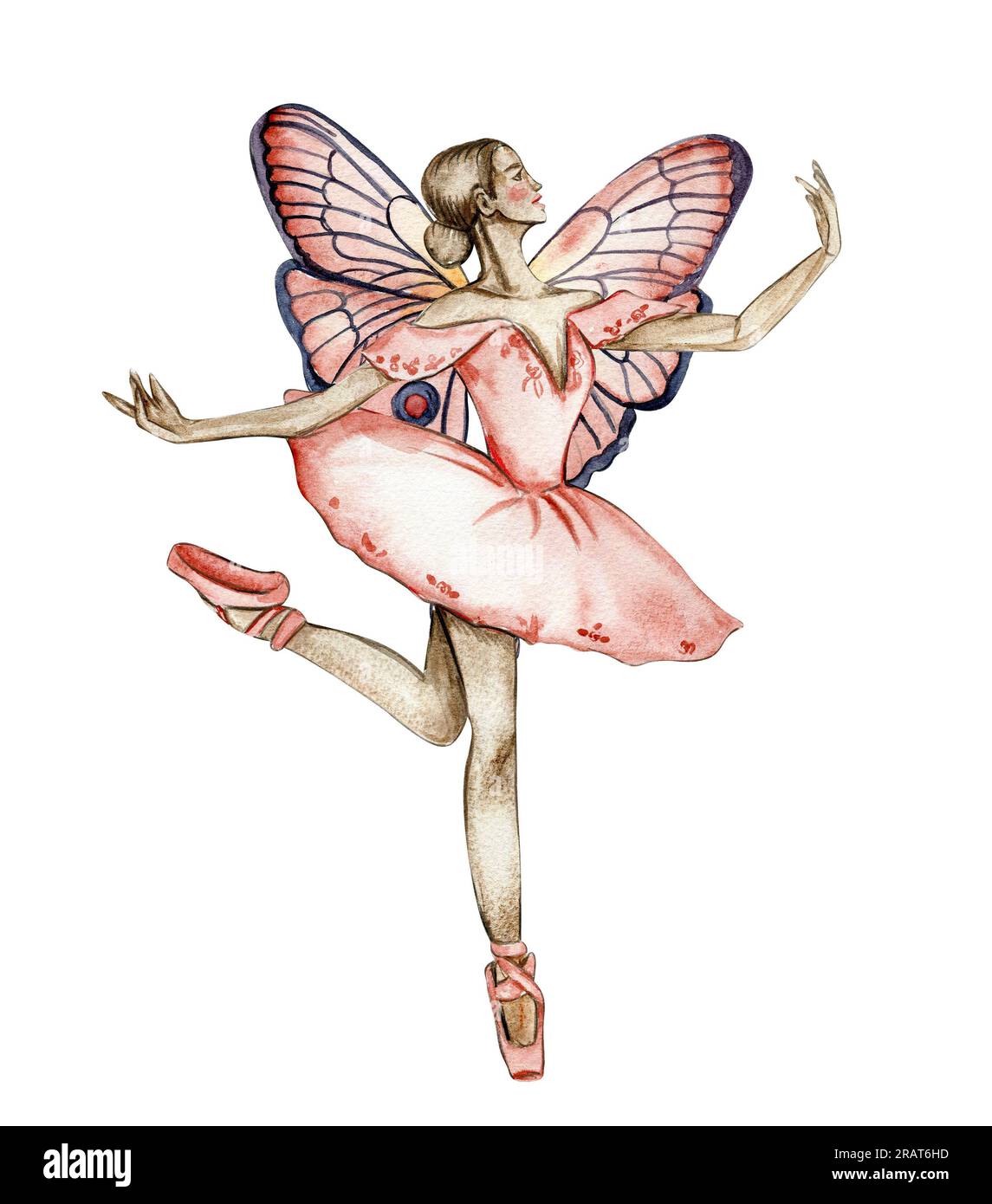 Watercolor dancing ballerina in red dress with butterflies. Hand drawn ...