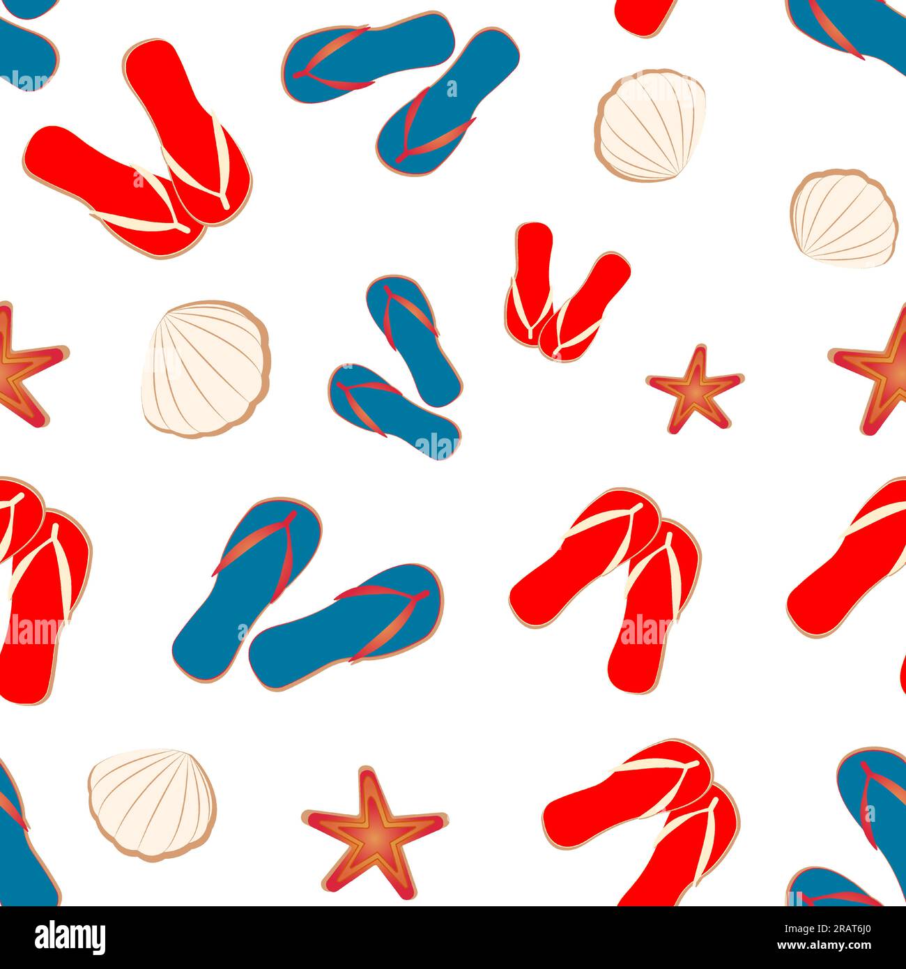 Vector seamless pattern on the theme of the beach, flip flops, shells ...