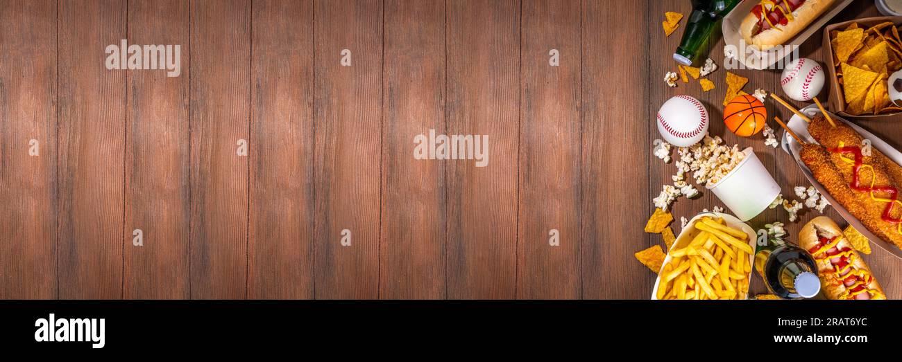 Traditional sport stadium foods and beer background, Set of various ...