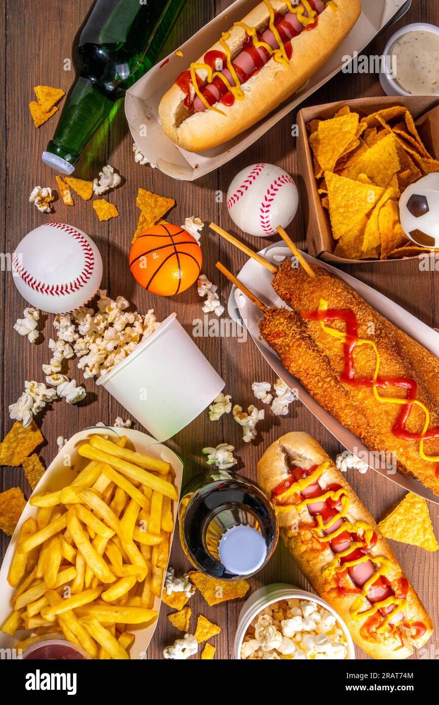 Traditional sport stadium foods and beer background, Set of various ...