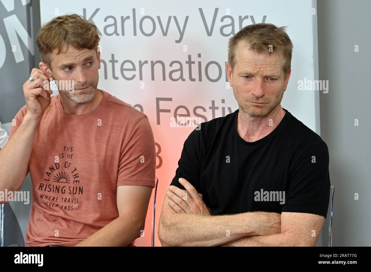Karlovy Vary, Czech Republic. 05th July, 2023. Czech screenwriter Marek Epstein, left, and actor ...