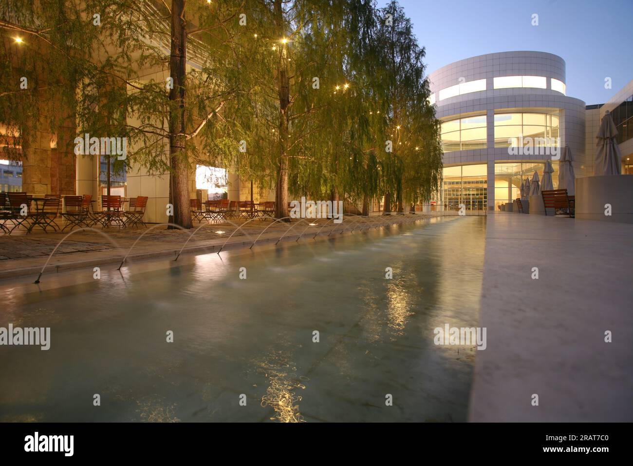 A line of fountains play in evening light at the Getty Center ,Los ...