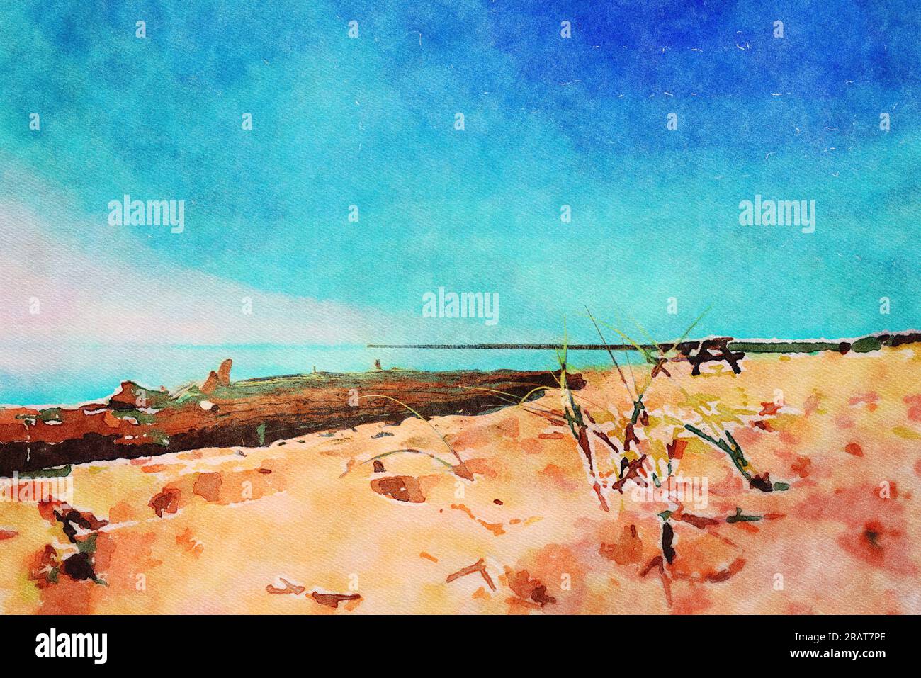 Digitally created watercolor painting of an exotic sandy beach with a ...