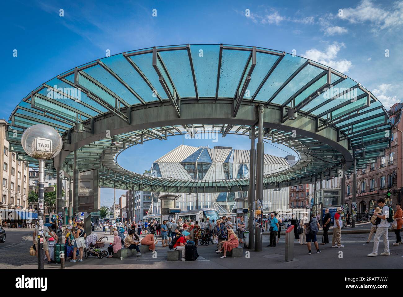 Strasbourg, France - 06 26 2023: View of Iron Man Square from the tram ...
