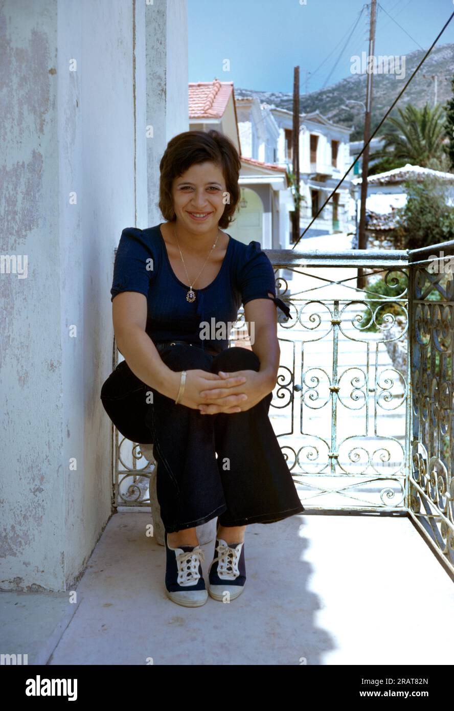 Samos Greece Teenage Girl Sitting On Stall on Balcony (1970'S Stock ...