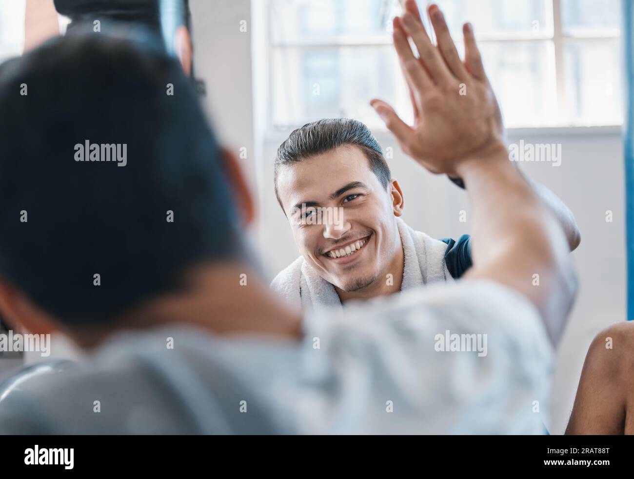 High five, fitness and men friends at a gym for training, workout and ...