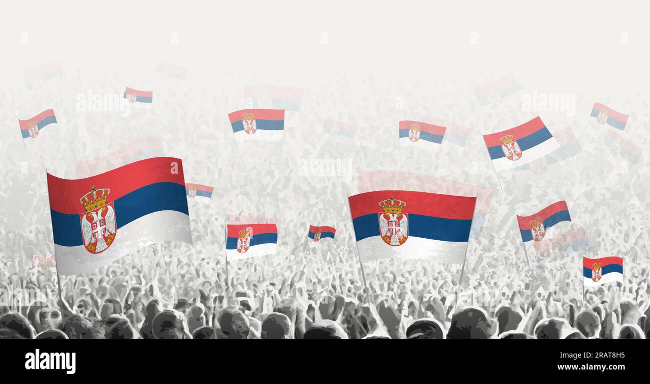 Abstract crowd with flag of Serbia. Peoples protest, revolution, strike ...
